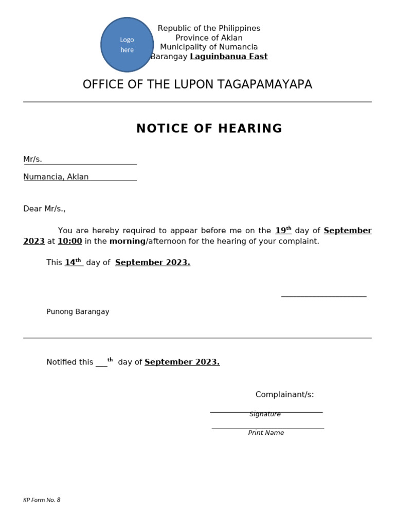 Barangay Notice of Hearing Template | PDF