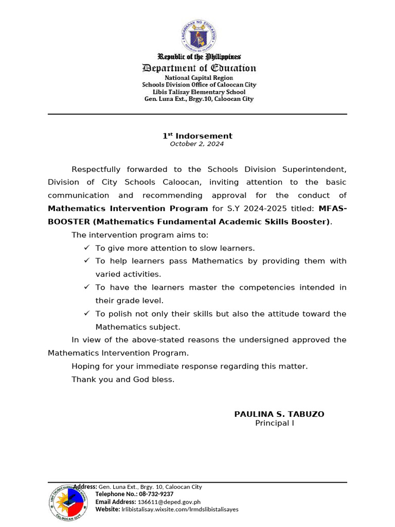 ENDORSEMENT LETTER- MATH INTERVENTION PROGRAM | PDF