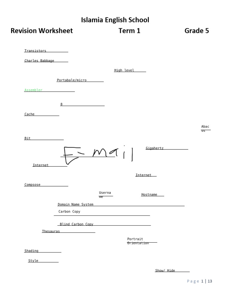 Revision Worksheet - Grade 5-Term 1 | PDF | Bit | Computer Data Storage