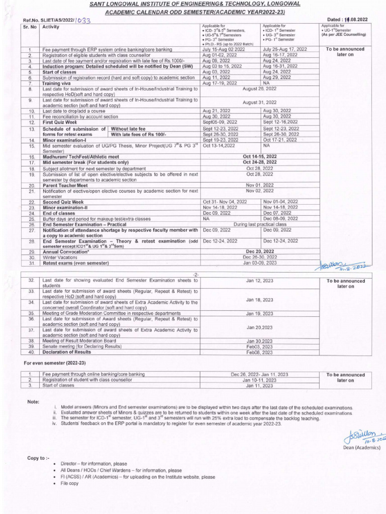 Academic Calendar Odd Semester 2022 23 | PDF