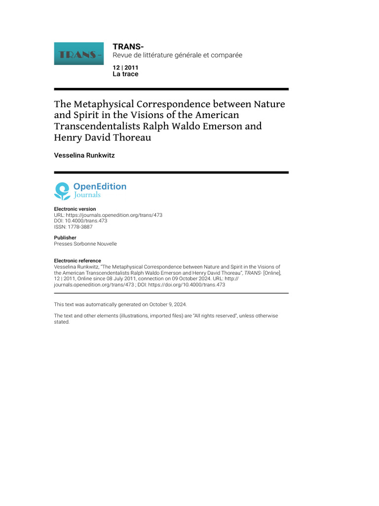 Emerson & Thoreau's Transcendental Visions | PDF | A Priori And A ...