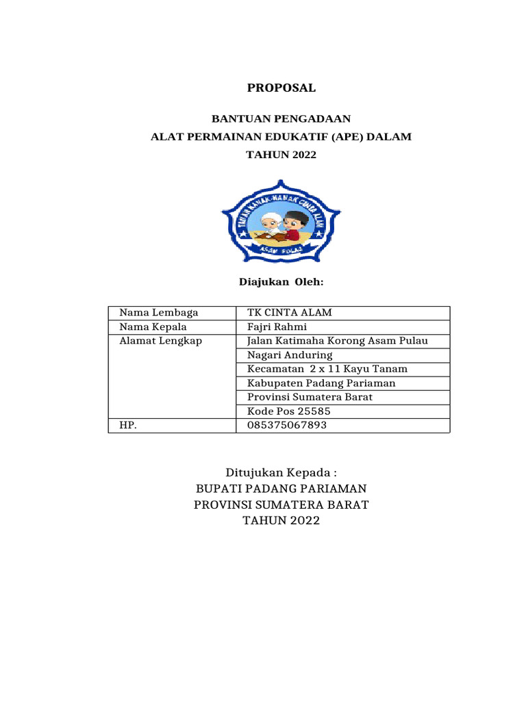 PROPOSAL PENGADAAN APE (Dalam) PAUD, TK | PDF