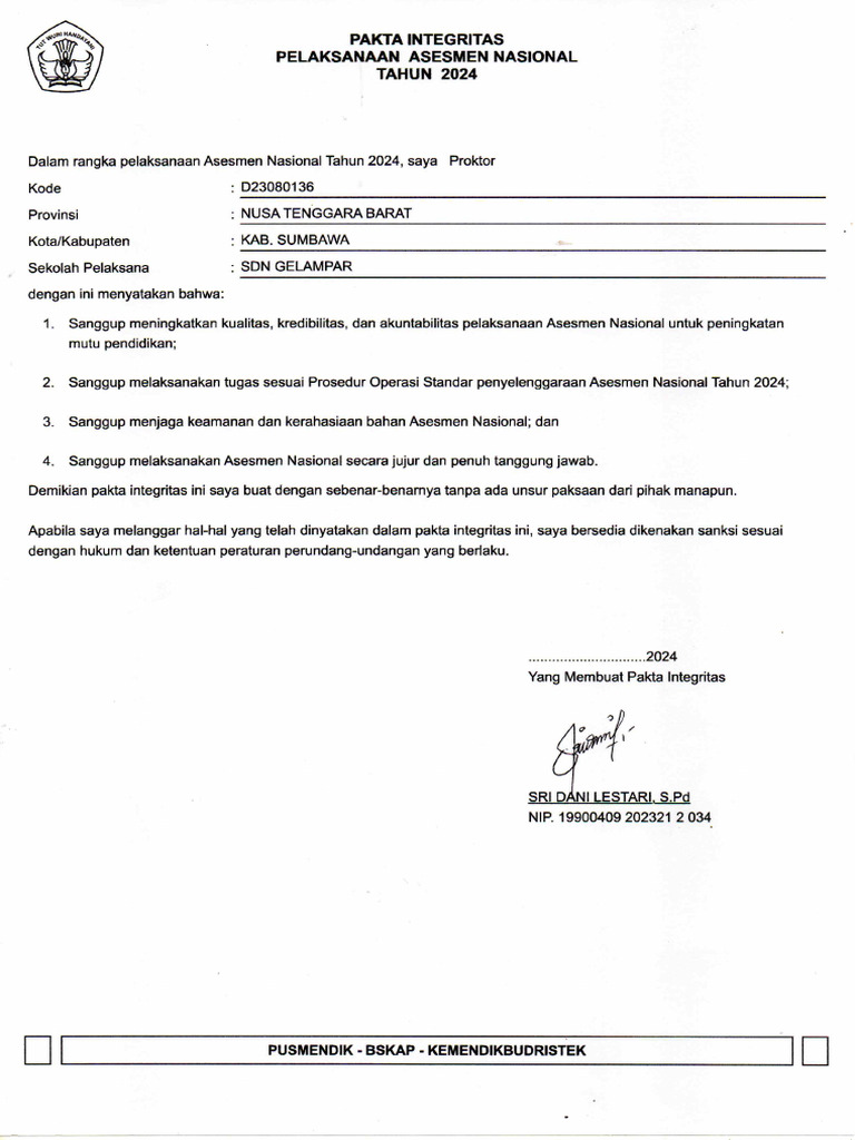 PAKTA INTEGRITAS SRI DANI LESTARI, S.PD | PDF