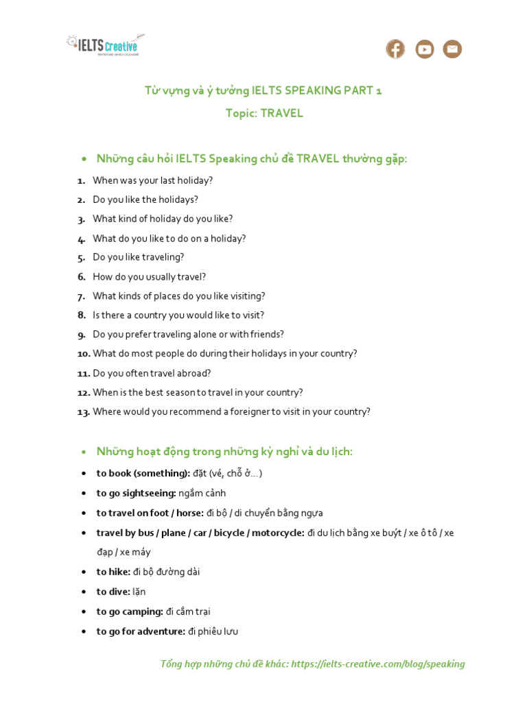 Travel - IELTS Speaking Part 1 - Ielts-Creative | PDF