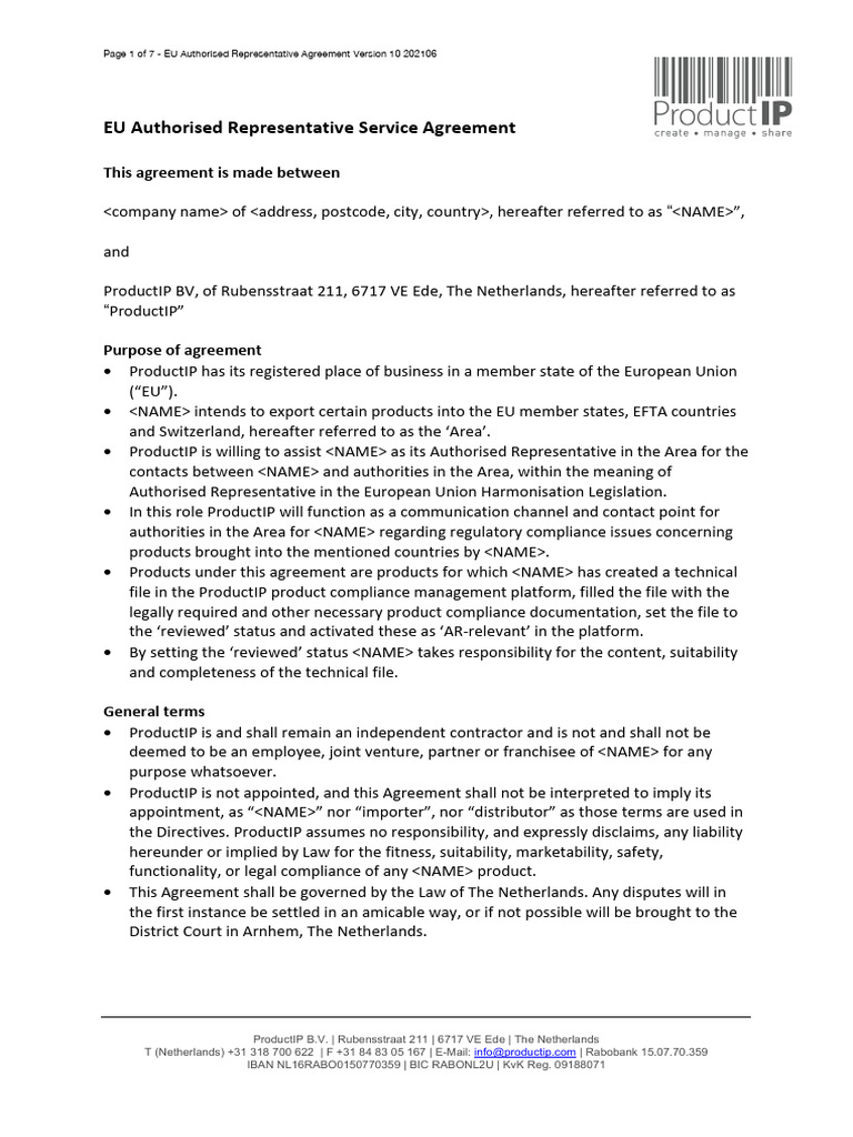 EU Authorized Representative Agreement Version 10 202106 | PDF | Breach ...