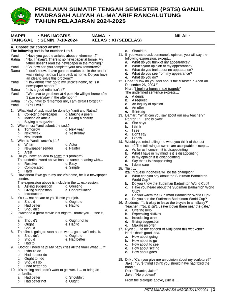 PSTS1 BHS Inggris 11 TH24 | PDF
