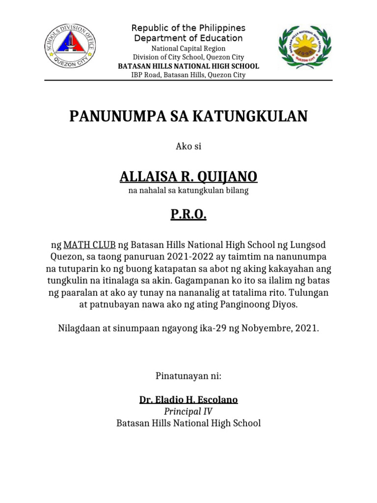 Panunumpa Sa Katungkulan S.Y. 2021 2022 | PDF