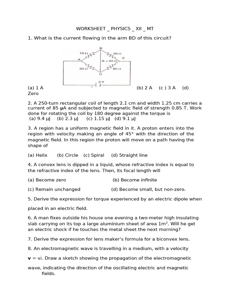 Worksheet MT XII Physics | PDF | Inductor | Inductance