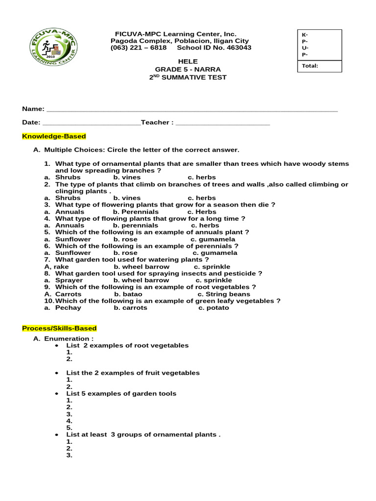 Grade 5 HELE 2nd Summative Test | PDF | Shrub | Vegetables