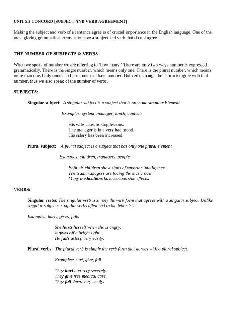 Unit 5.3 Concord (Subject and Verb Agreement) | PDF | Grammatical ...