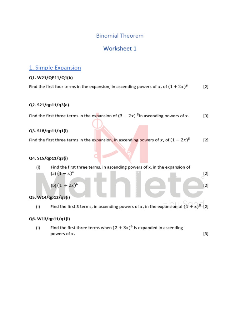 Binomial Theorem Worksheet 1 | PDF | Mathematics | Algebra