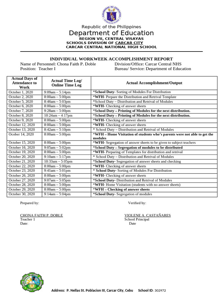 Individual-Daily-Log-and-Accomplishment-Report-Teacher October 2020 CFD ...