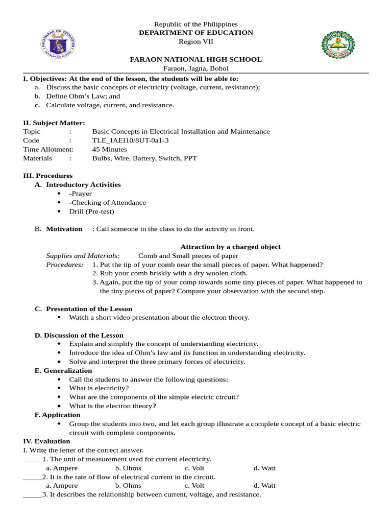 Lesson 1 - Basic Concepts of Electricity | PDF | Electricity | Voltage