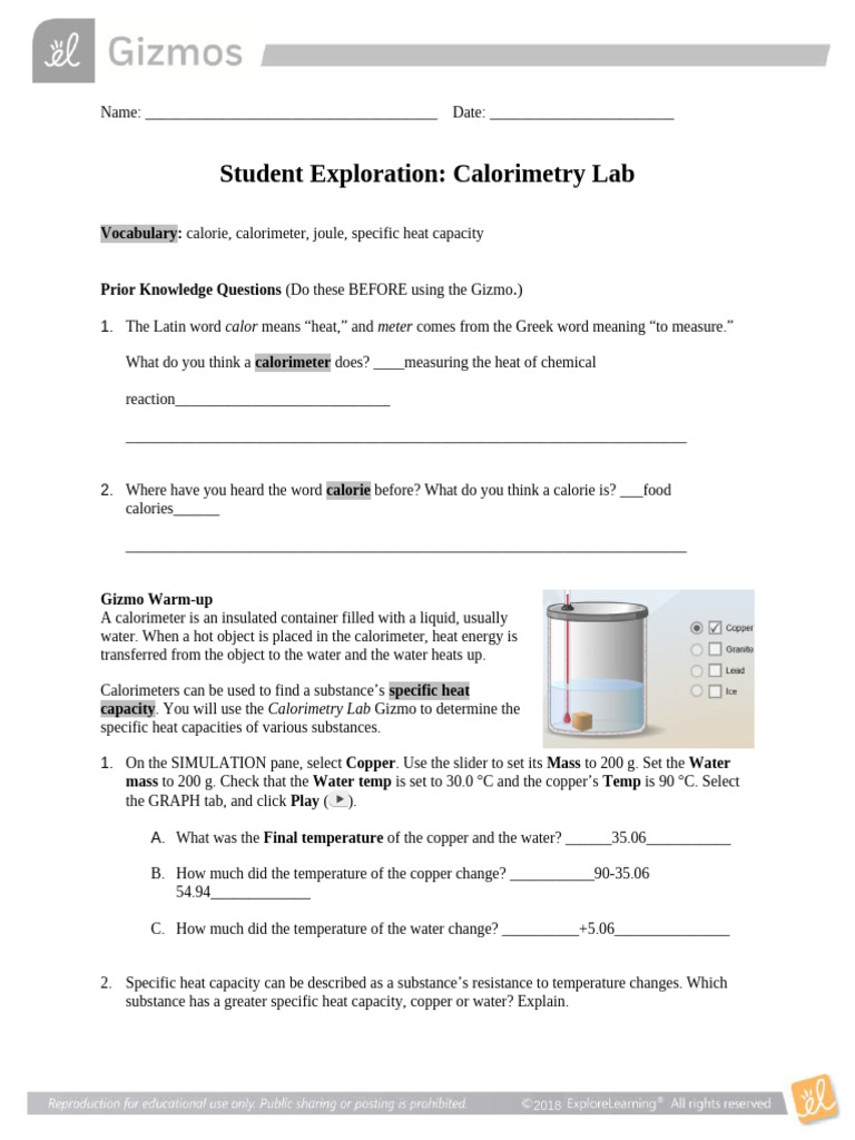 Calorimetry Lab SE | PDF | Calorie | Heat