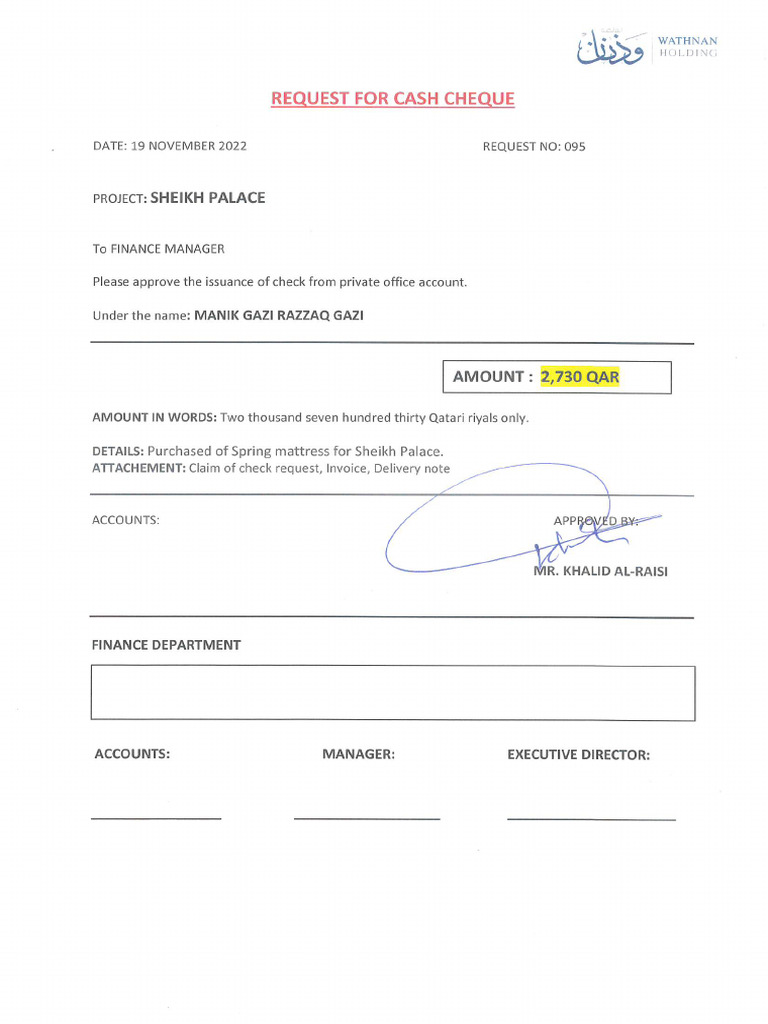 Request For Cash Cheque No. 095 (Purchased of Spring Matress For Sheikh ...
