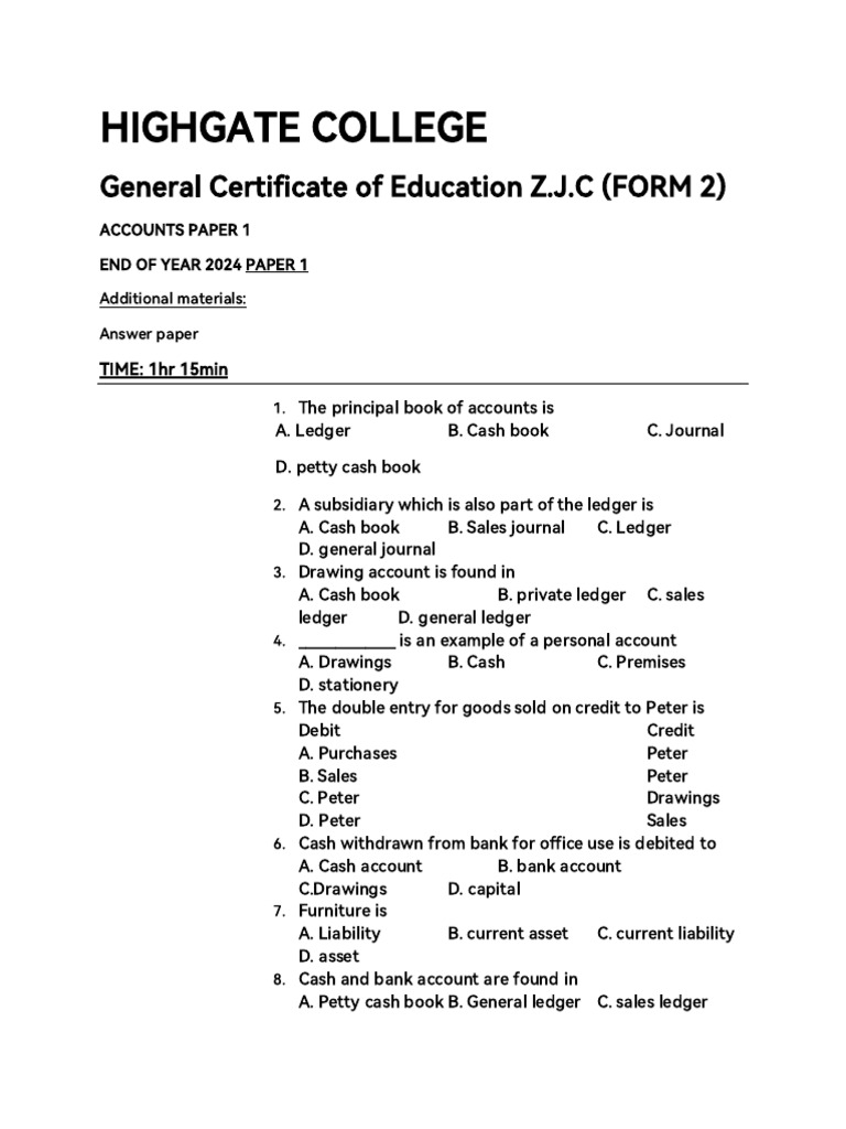 Form 2 Accounts Paper 1 | PDF | Debits And Credits | Cash