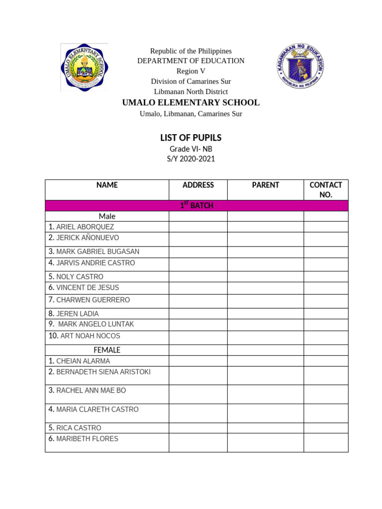 Grade VI Pupil List 2020-2021 Umalo ES | PDF