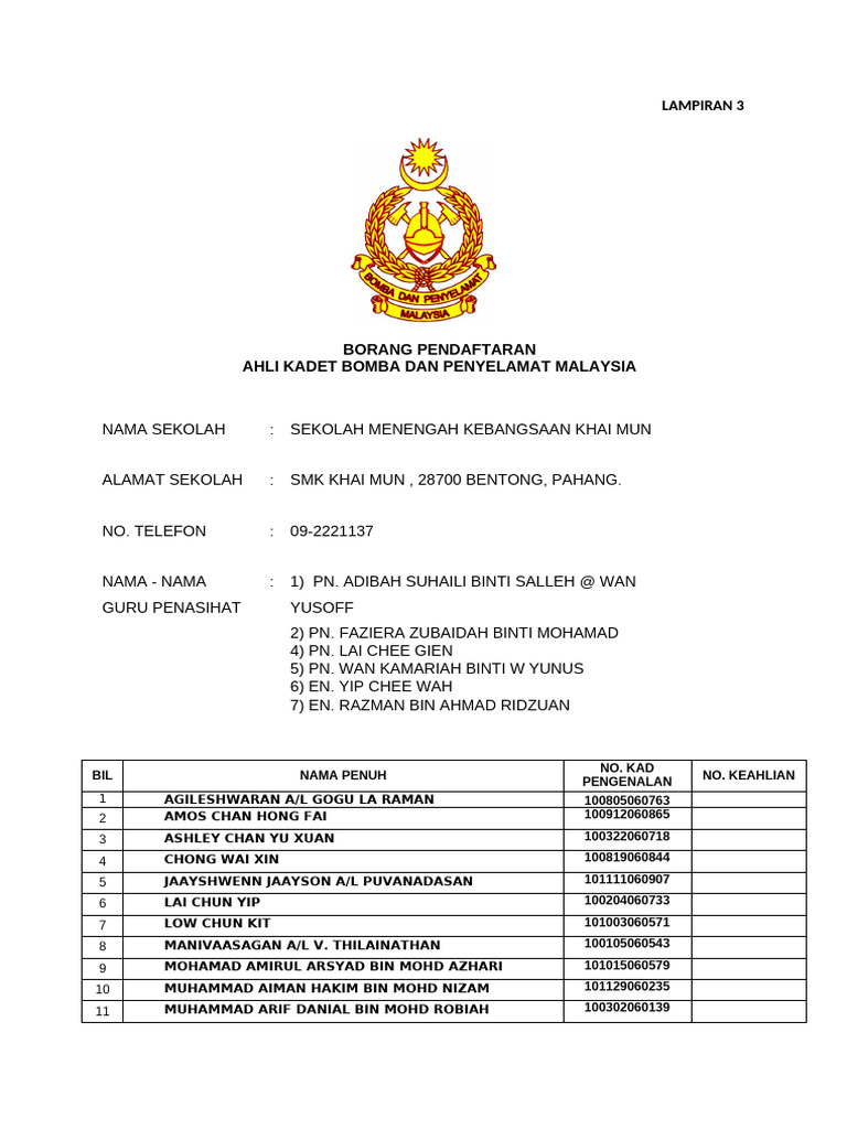 Borang Pendaftaran Kadet Bomba Terbaharu 2023 | PDF
