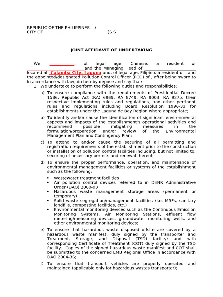 A. Affidavit of Undertaking FINAL | PDF | Waste | Affidavit