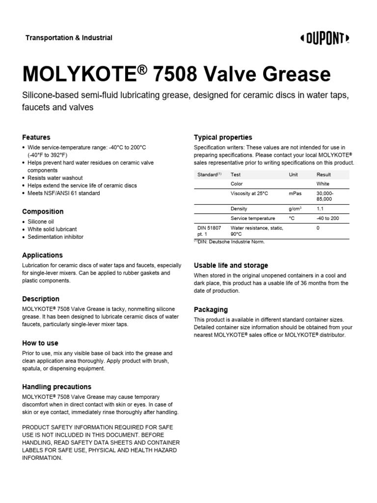 MOLYKOTE 7508 Valve Grease 80-3684A-01 | PDF | Tap (Valve)
