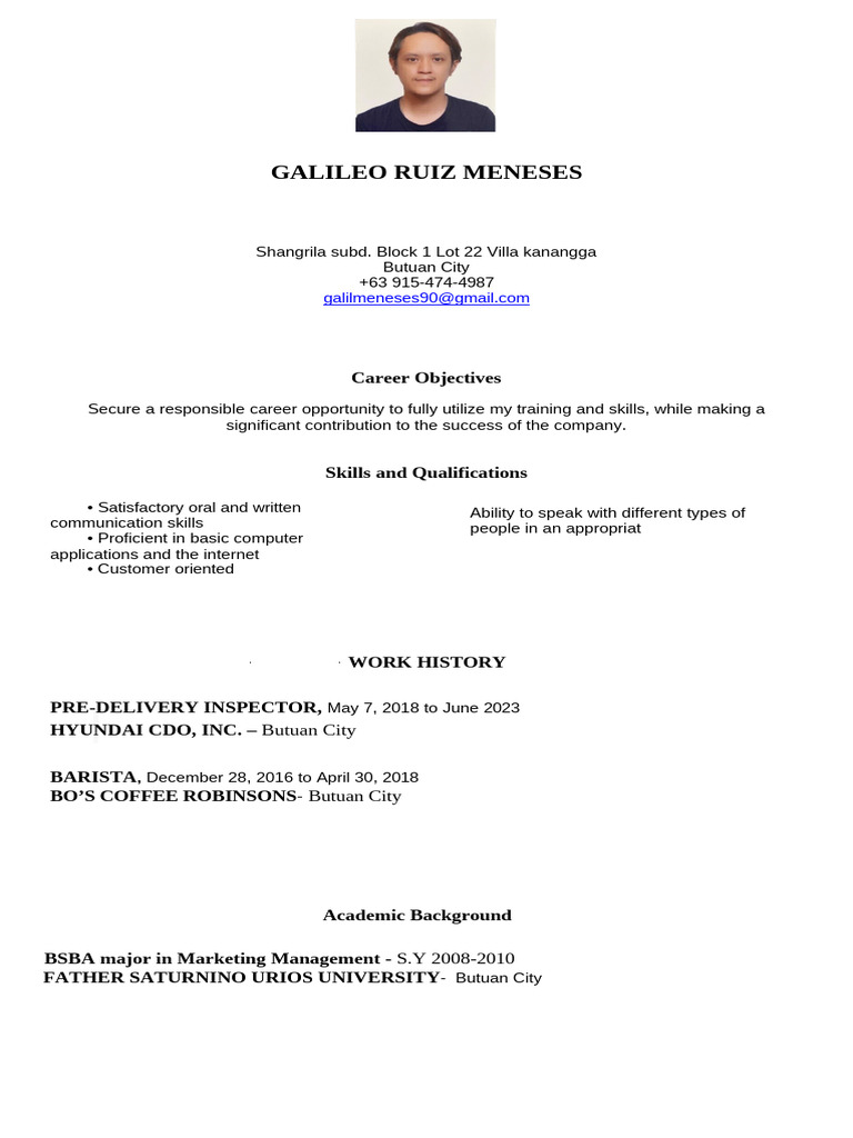 Galileo Ruiz Meneses: Career Objectives | PDF