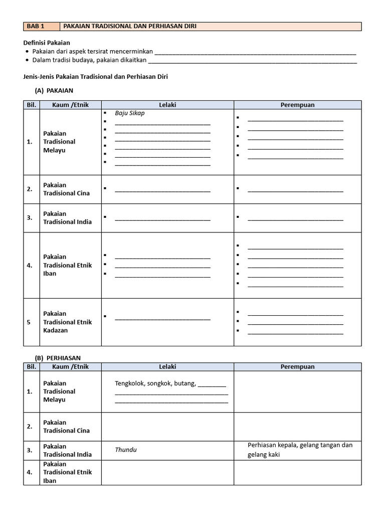 Nota Bab 1 Pakaian Tradisional Dan Perhiasan Diri | PDF