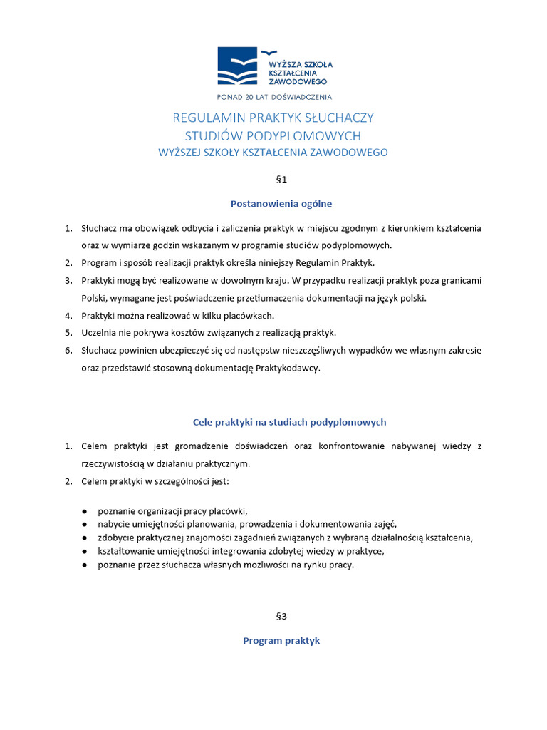 REGULAMIN PRAKTYK STUDIÓW PODYPLOMOWYCH WSKZ-Nov-17-2023-12-50-57-5539-PM | PDF