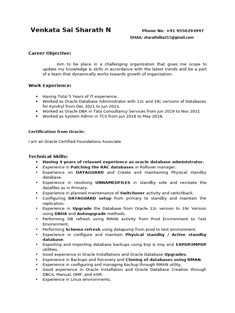 Sharath Resume Updated - 1691490802567 - N Venkata Sai Sharath | PDF | Databases | Information ...