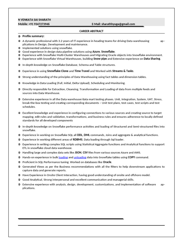 Venkata Sai Sharath Snowflake Resume | PDF | Data Warehouse | Databases