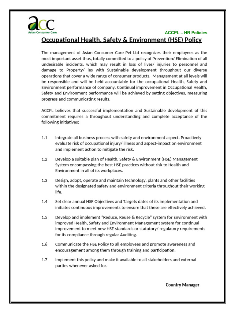ACCPL Occupational Health & Safety Policy | PDF | Occupational Safety ...