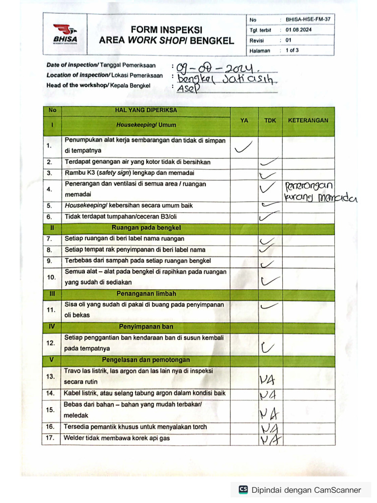 Form Checklist Area Work Shop | PDF