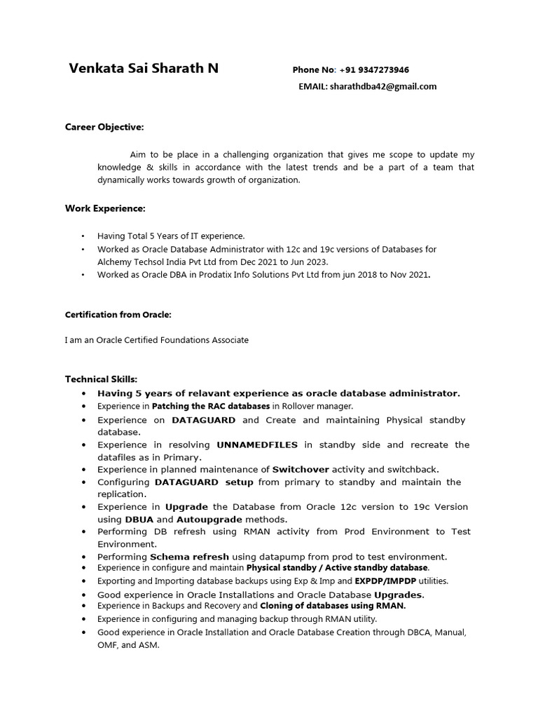 DBA Resume Final | PDF | Databases | Computing