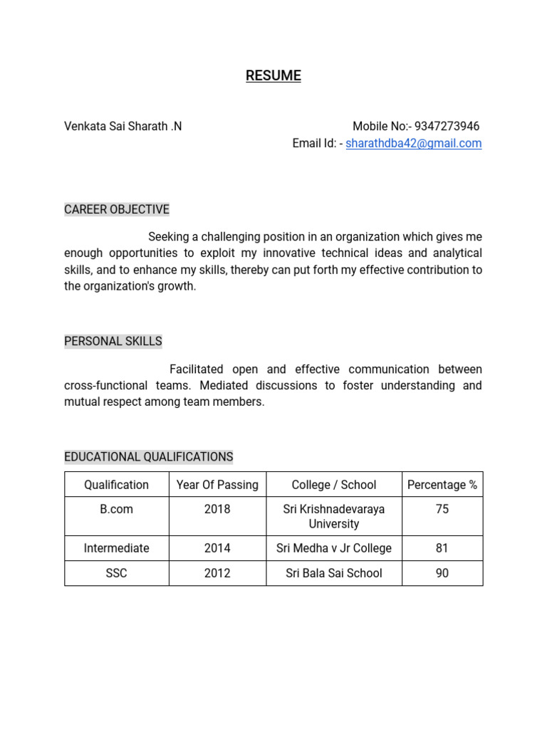 Sharath Fresher Resume | PDF