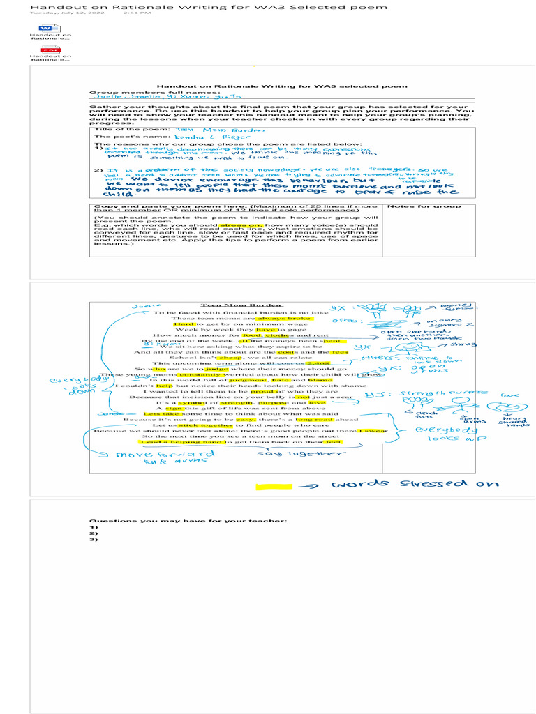 Handout On Rationale Writing For WA3 Selected Poem | PDF