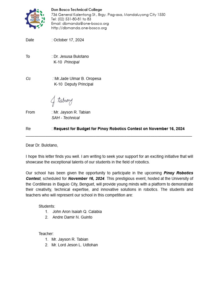Budget Request for Robotics Contest | PDF