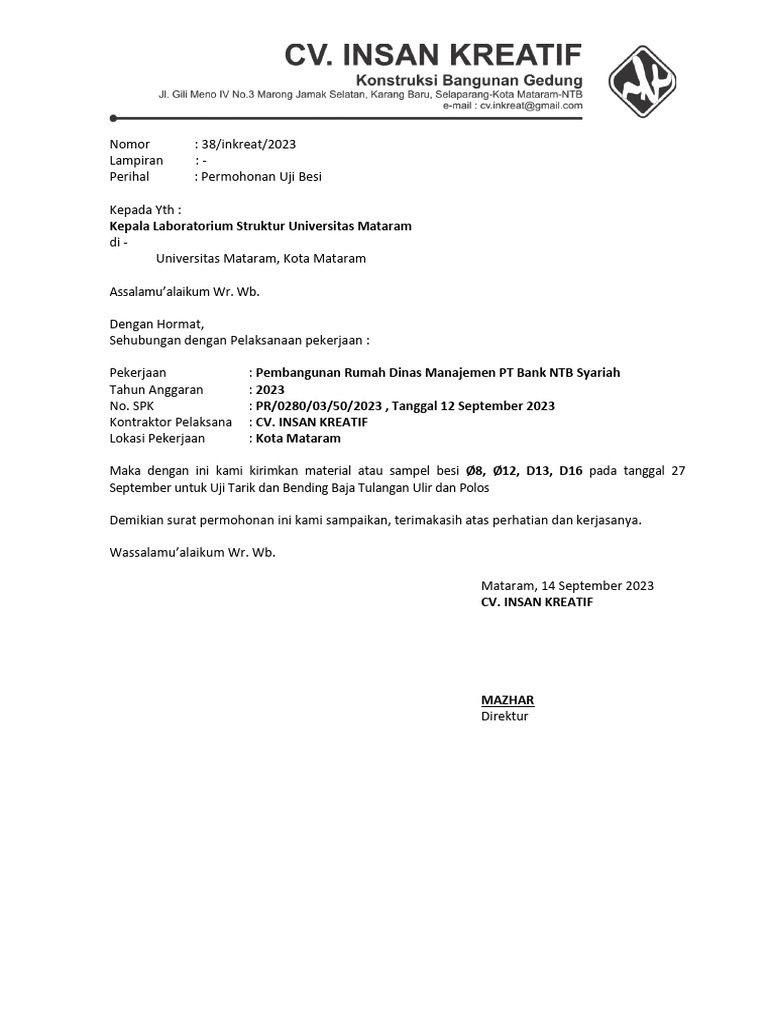 Surat Permohonan Uji Tarik Dan Bending Besi | PDF