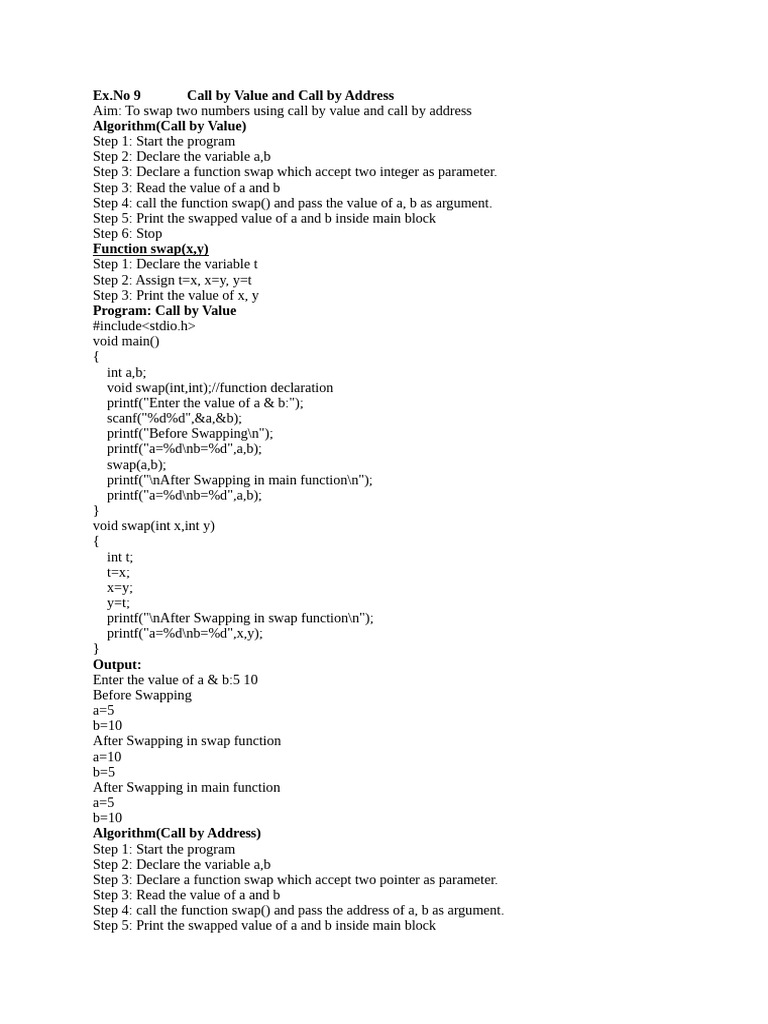 Ex No 9 Call by Value and Call by Address | PDF | Teaching Methods & Materials | Computers