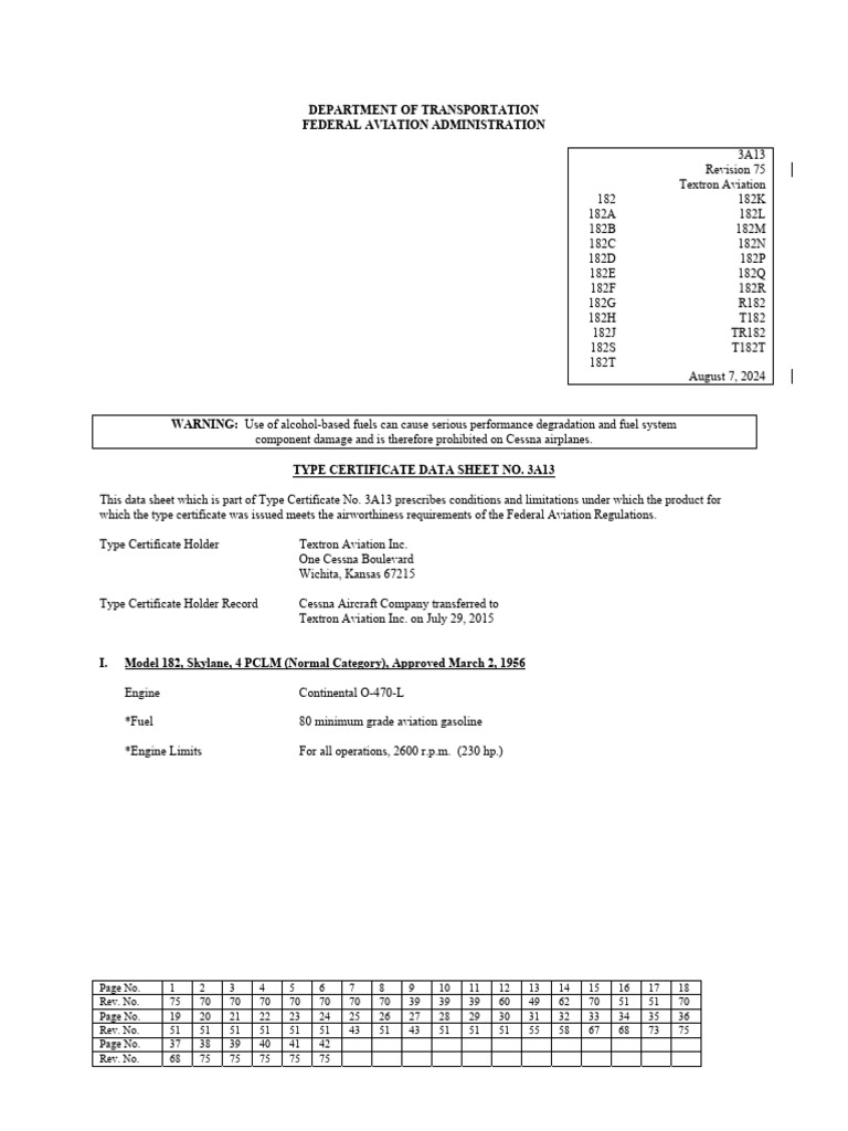 FAA TCDS Cessna182 3A13 Rev75 | PDF | Flight Control Surfaces ...