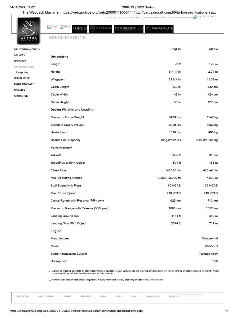 CIRRUS - SR22 Turbo - Specs - Jan2009 | PDF | Monoplane | Wing ...