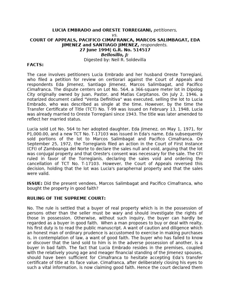 Lucia Embrado and Oreste Torregiani, Petitioners, vs. Court of Appeals, Pacifico Cimafranca ...