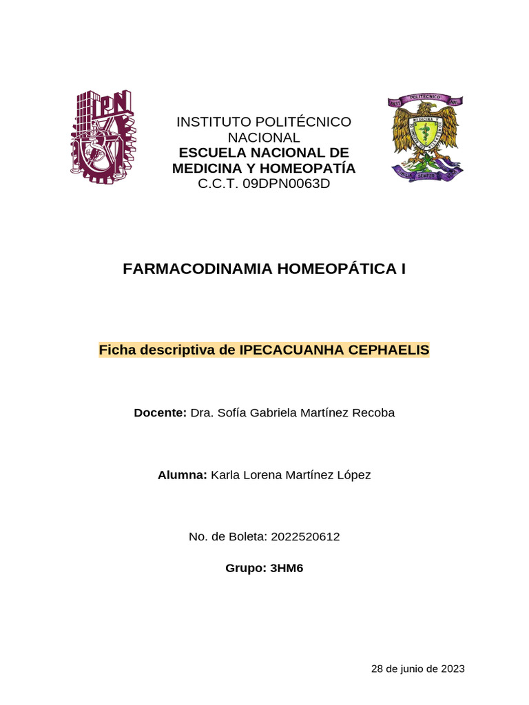 Ficha Ipecacuanha Cephaelis | PDF | Vómitos | Medicina CLINICA