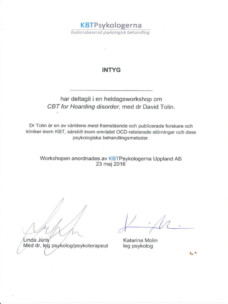CBT For Hoarding Disorder Intyg | PDF