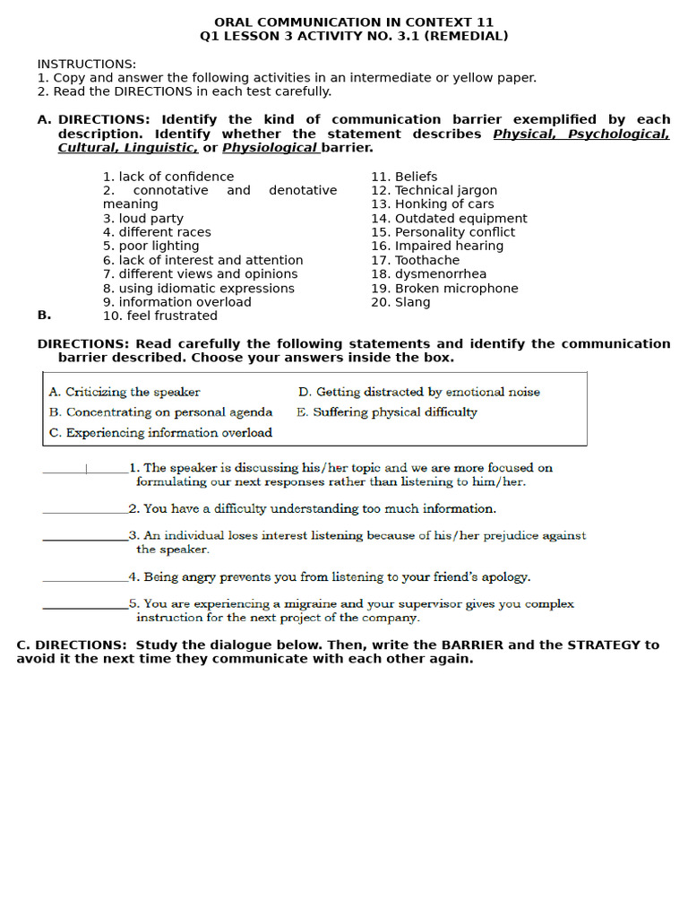 ORAL COMMUNICATION IN CONTEXT 11 Quarter 1 - Lesson 3 Activity | PDF ...