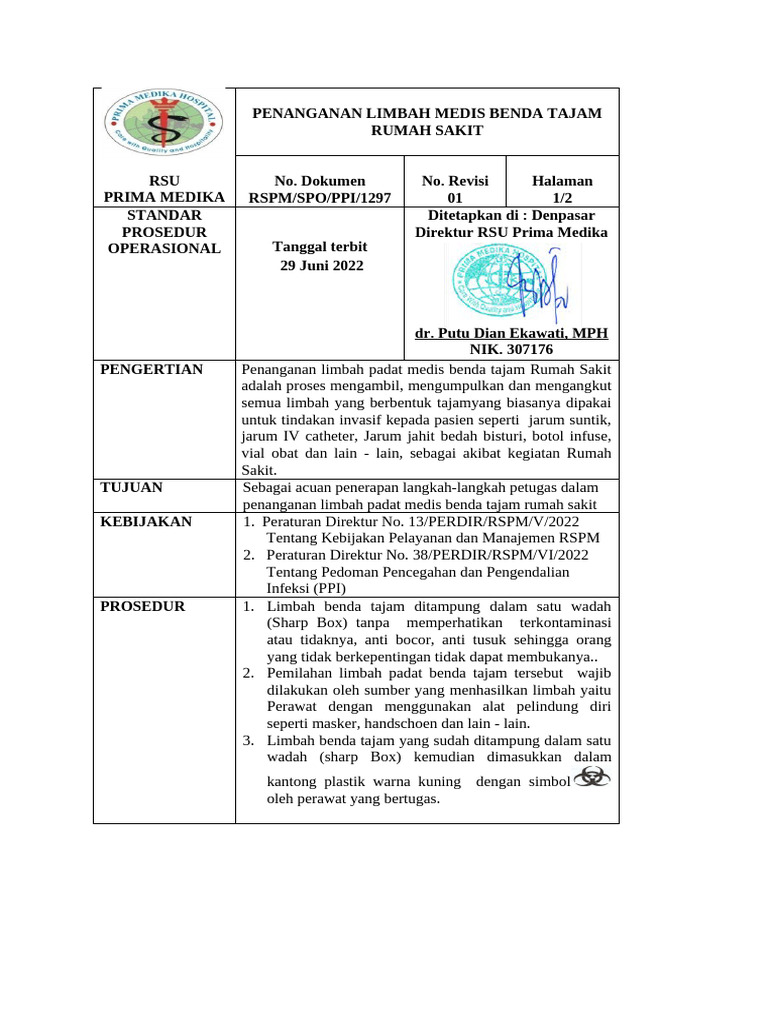 Spo Penanganan Limbah Medis Benda Tajam RS | PDF | Sains & Matematika