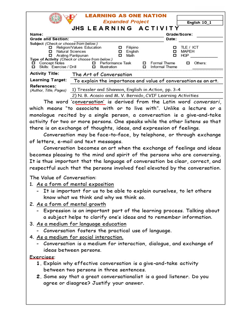 English 10 LAS 1 Art of Conversation | PDF | Conversation | English ...