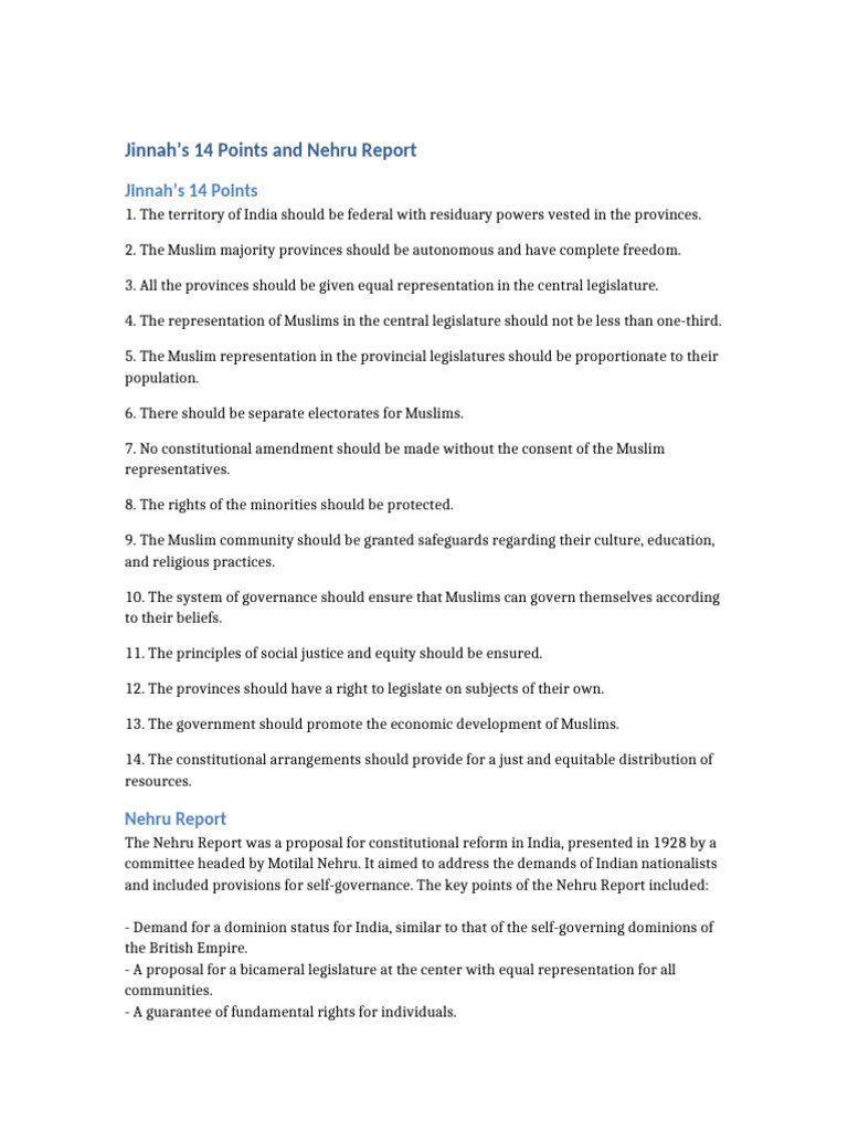 Jinnah 14 Points and Nehru Report | PDF | Law