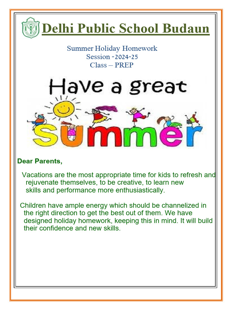 PREP Summer Holiday H.W. | PDF | Homework