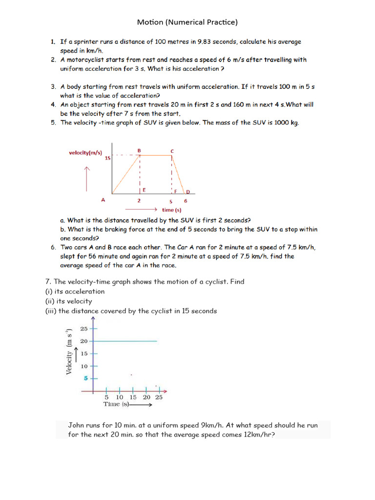 Motion Numericals | PDF