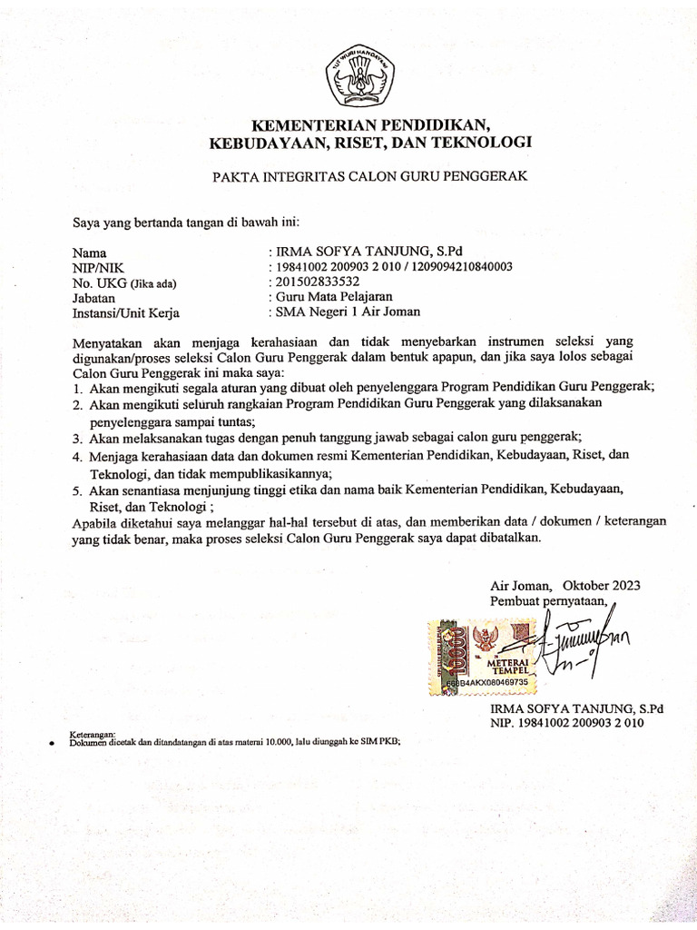 Pakta Integritas Irma Sofya | PDF