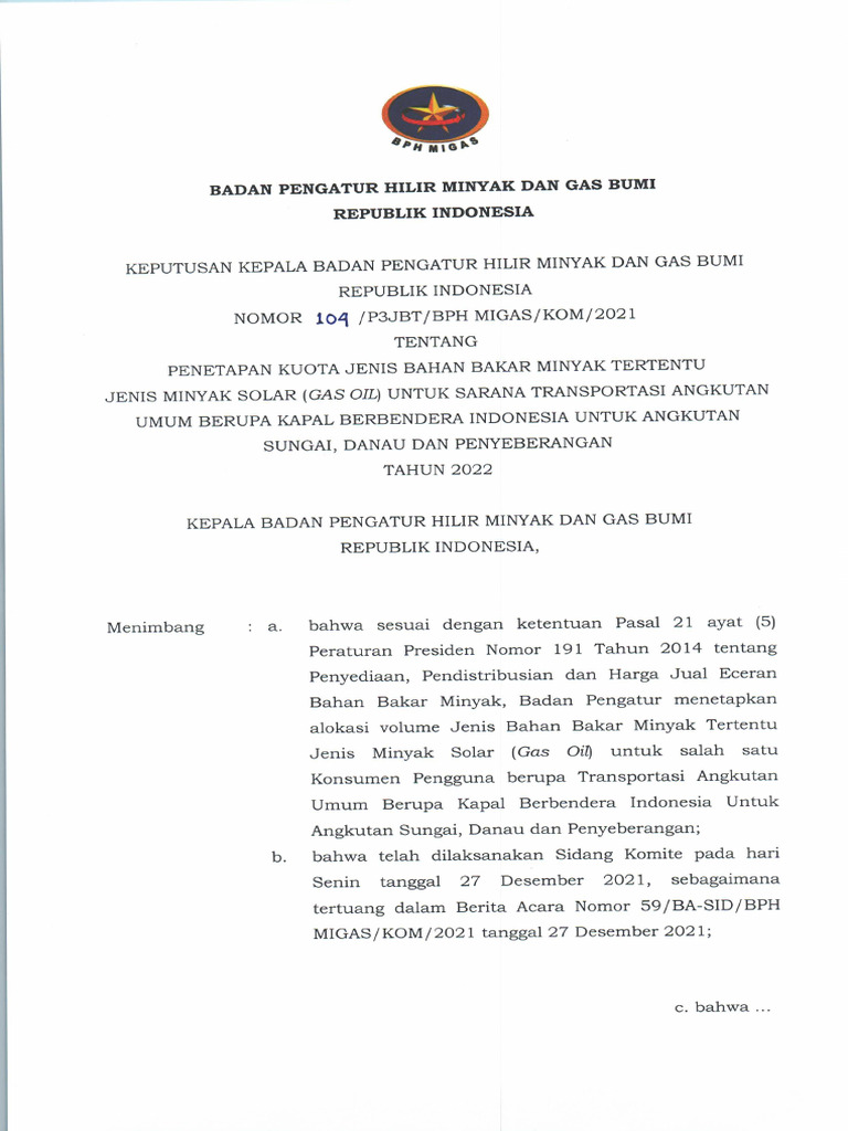 104.P3JBT Penetapan Kuota JBT Jenis Minyak Solar Untuk Sarana Transportasi Angkutan Umum Berupa ...
